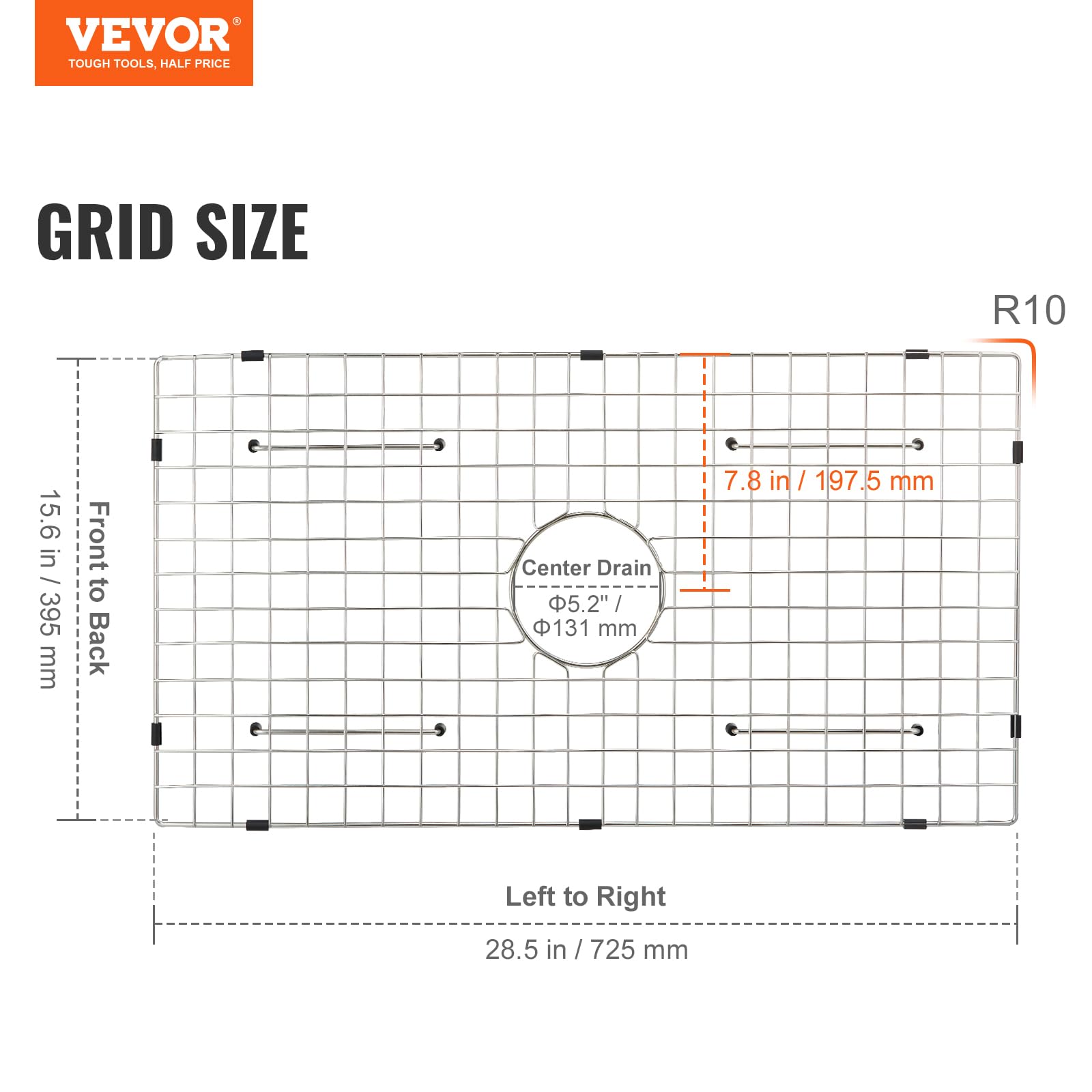 VEVOR Sink Protector Grid, 26"x14" Stainless Steel Sink Grates, Centered Drain Sink Grates with R90 Corner Radius, Large Sink Bottom Grids, Universal Bowl Rack Sink Accessory For Kitchen Sink, Silver