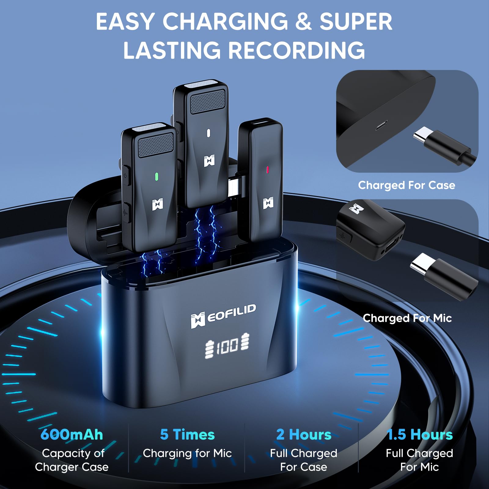 Eofilid Wireless Lavalier Microphone for iPhone iPad, 2 Pack Mini Microphone Clip on Lapel with Charging Case, 2.4G Ultra-Low Delay Transmission Wireless Mic for Video Recording Vlog Tiktok YouTube