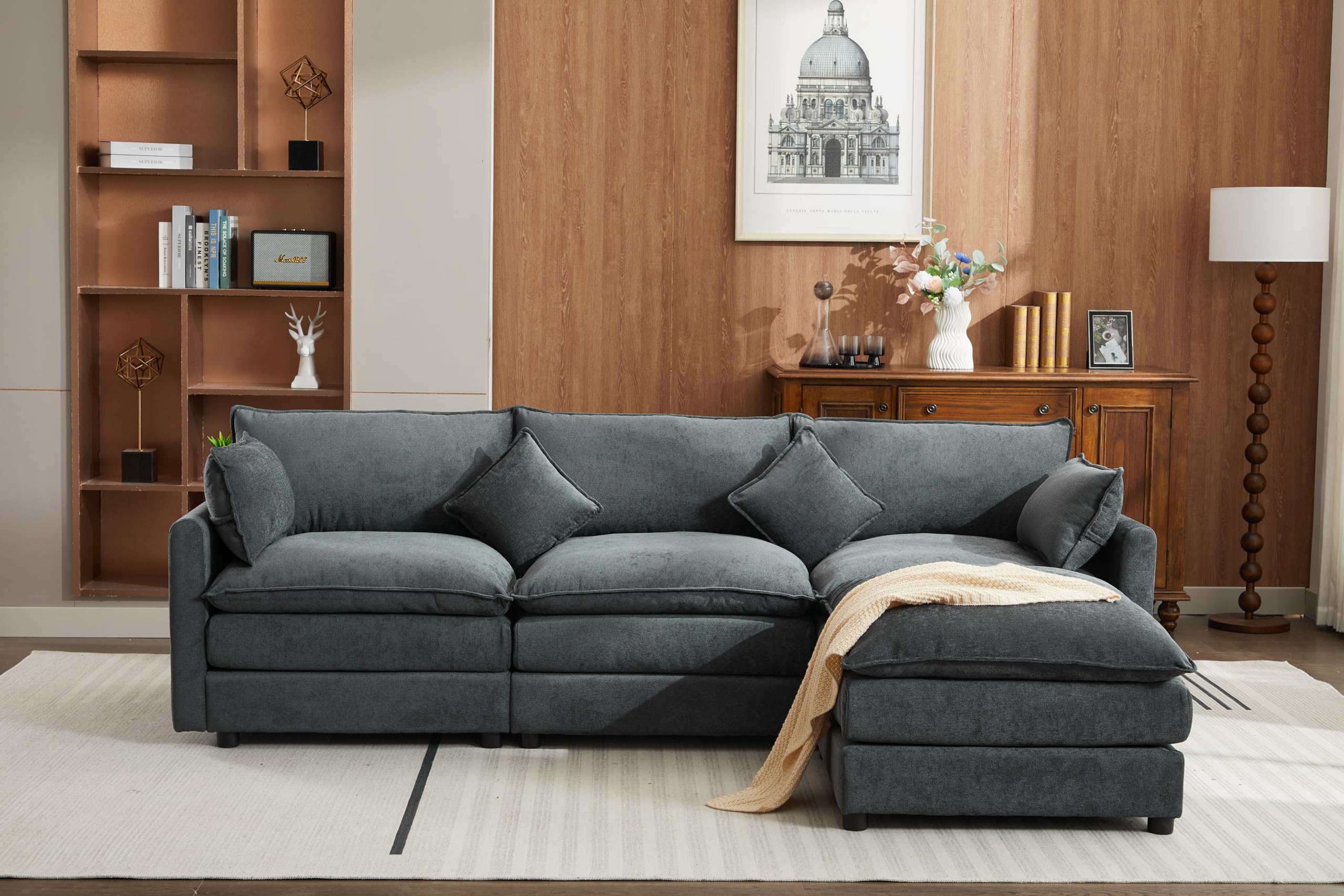Orange Modular Sectional Sofa, 101" Modern Cloud Couch for Living Room, 3-Seater Upholstered Chenille Deep Seat Sofa, Comfy L Shaped Sectional Couch with Movable Ottoma & Pillows for Apartment Office