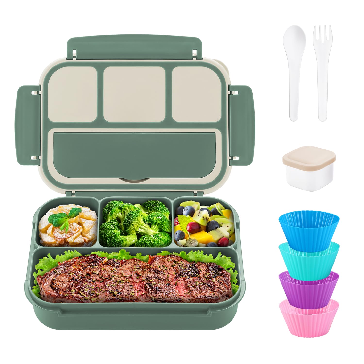 QQKO Bento Box Adult Lunch Box, Bento Box for Kids, 1200 ML Lunch Containers for Adults, Food Storage Container With 4 Compartments, Leak-Proof, Microwave, Dishwasher Safe, Green