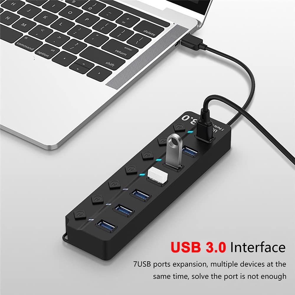 HUAPX Powered USB 3.0 Hub Adapter,7Port USB Splitter with Individual ON/Off Switches and 5V/3A AC Adapter Compatible for Laptop,Keyboard,Notebook,Mouse,PC,Table,PS4/5,Xbox,Mac,Mobile HDD