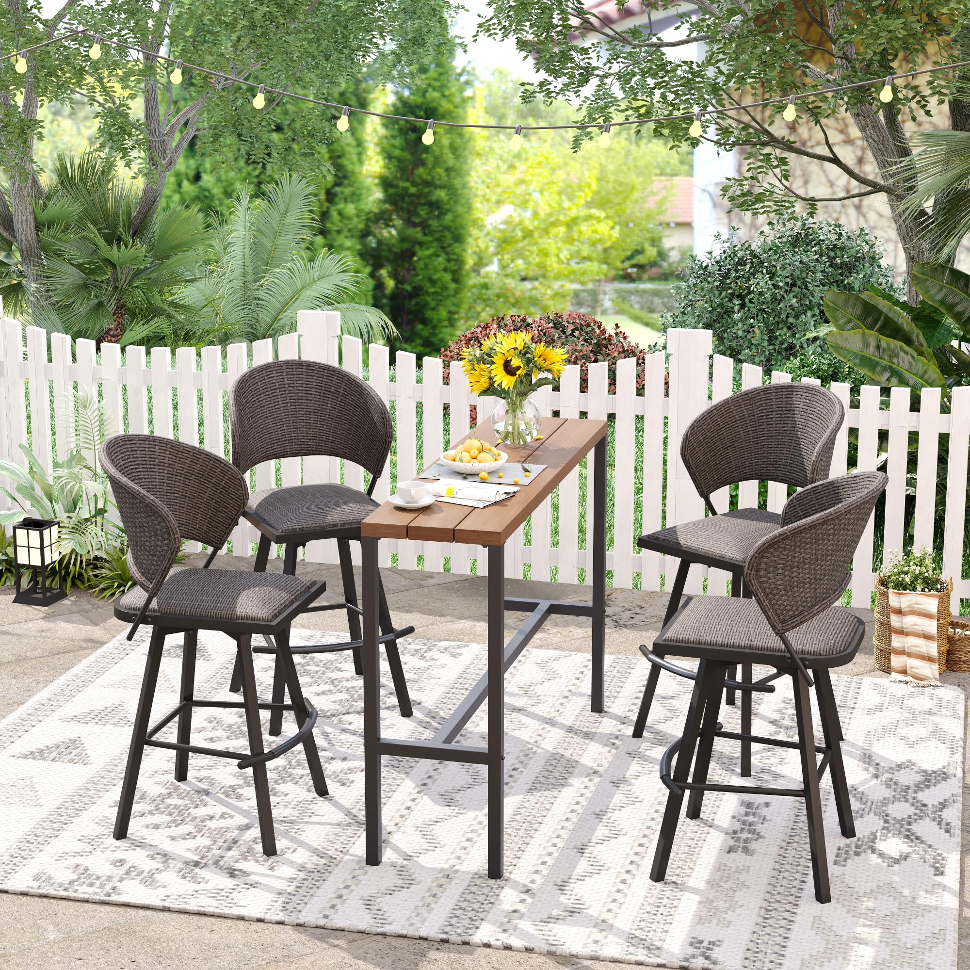 VICLLAX Outdoor 180-Degree Swivel Bar Stools Set of 2, Rattan Tall Patio Chair for Garden Pool Lawn Backyard, Brown