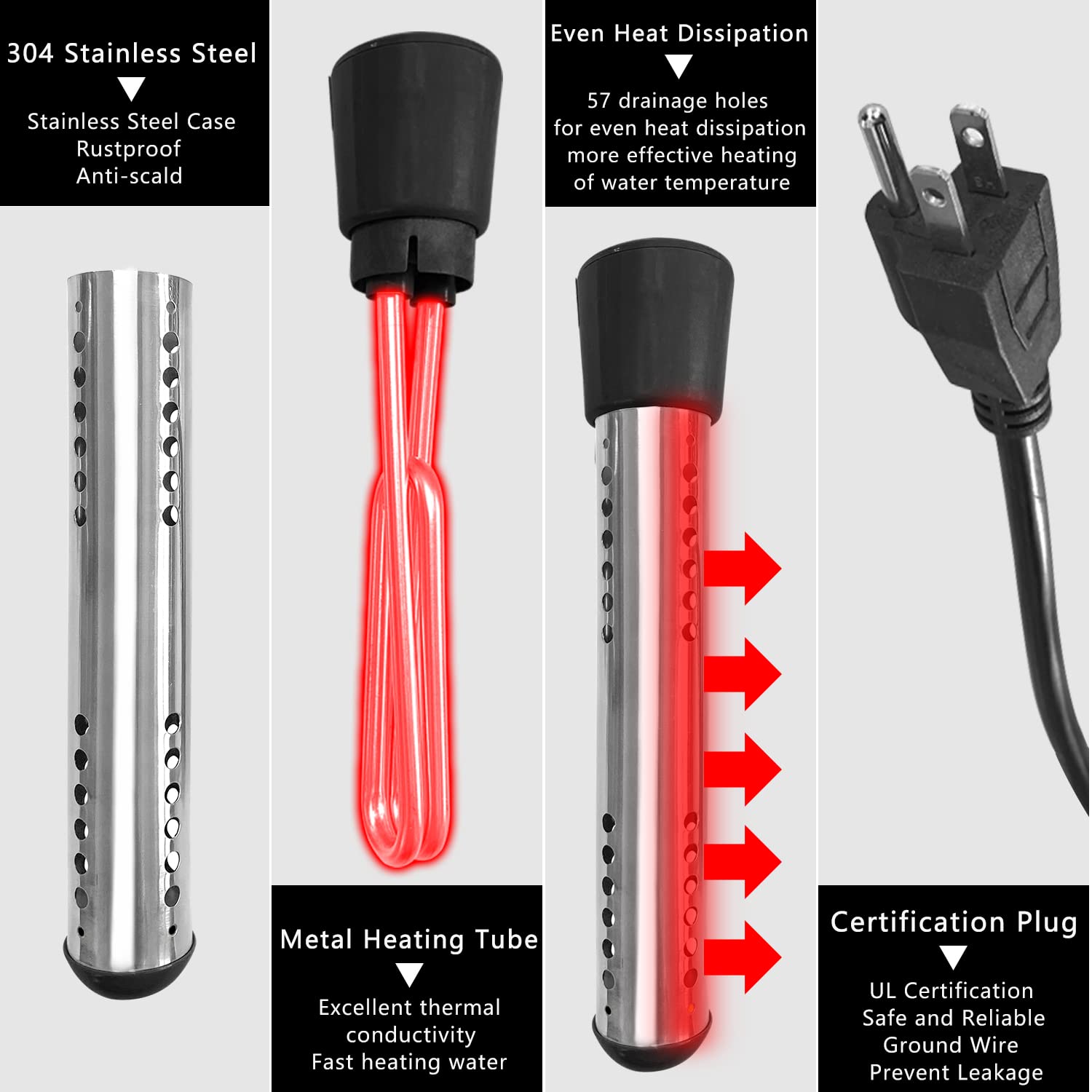 Memoryee Immersion Water Heate Portable Electric Stainless-Steel Heaters with Guard Cover Submersible Home Instant Water Heater with and for Travel Camping Hot Bathtub Mini Inflatable Pool Black