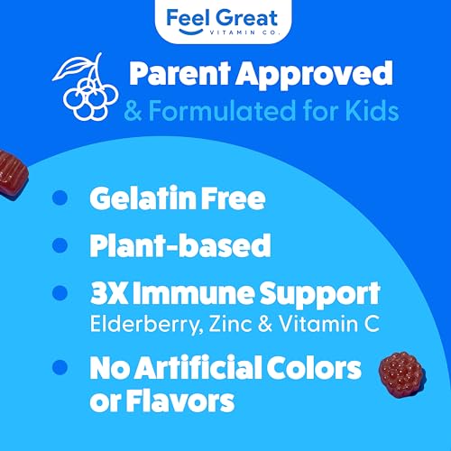 Feel Great Kids Elderberry Gummies with Zinc and Vitamin C | Kids Immune Support Sambucus Elderberry Gummies | Berry Flavored Vegan Kids Multivitamins | 90 Day Supply