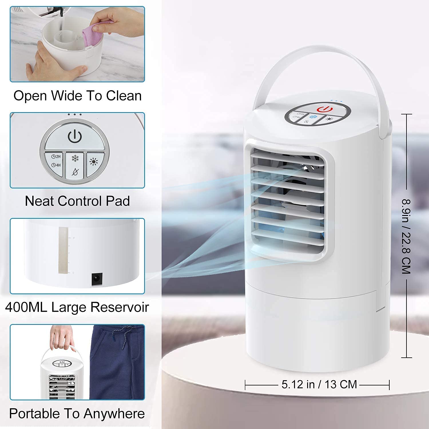 Evaporative Air Cooler, Portable Air Conditioner Fan Personal Bladeless Tower Fan/Remote Control AC Fan Cooling & Humidification, 3 Wind Speeds, 3 Modes, 40° Oscillation, 4-8H Timer Air Cooler (10.5")