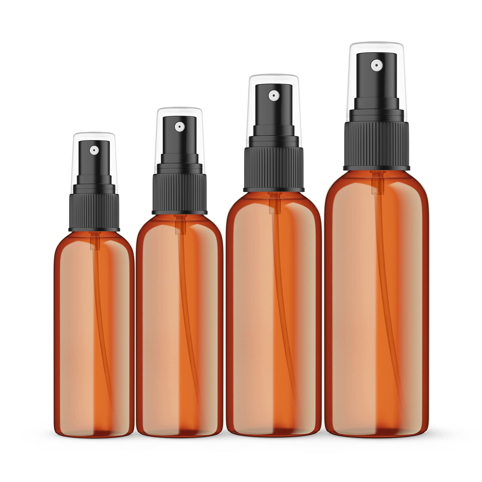 SEVENHEAD Amber Plastic Essential Oil Spray Bottle Four Size - 1oz, 1.7oz, 2oz and 3.4oz, Small Spray Bottle with Plastic Sprayer - Set of 4