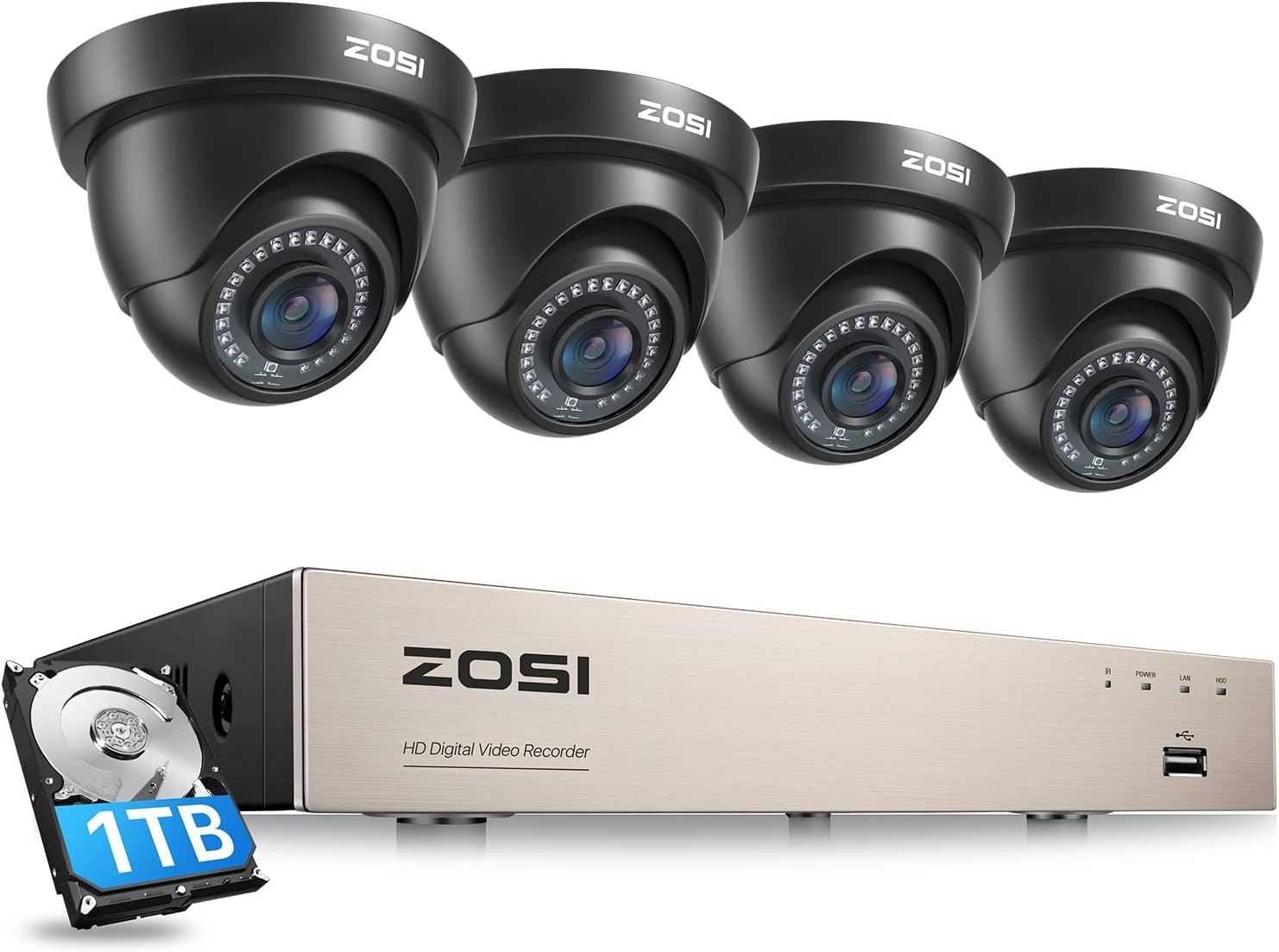 ZOSI 3K Lite Security Camera System with 1TB Hard Drive,AI Human/Vehicle Detection,Night Vision,H.265+ 8Channel HD TVI DVR Recorder,4pcs 1080P HD 1920TVL Indoor Outdoor Surveillance CCTV Dome Cameras