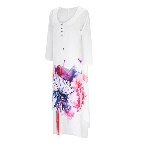 Midi Length Long Sleeve Maxi Dress for Women Asymmetrical Hem Button Down V Neck Casual Dresses Flowy A Line Blue