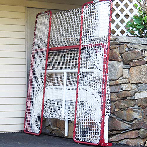 EZGoal 4' x 6' Hockey Folding Steel 2" Goal with 10' x 6' Backstop, 4 Targets Nets, a New Shooter Tutor, Red