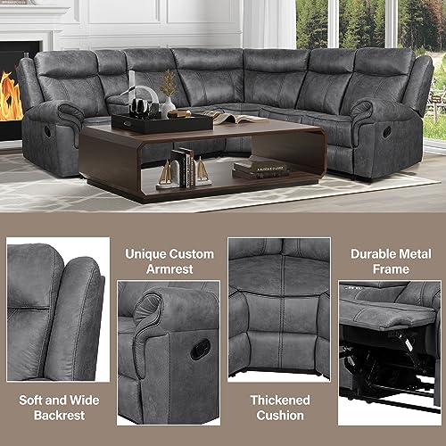 Evedy Manual Sectional, Oversized Recliner Sofas Seating with Cup Holder,Hide-Away Storage,2 USB Ports and 2 Power Sockets,for Home Theater,Living Room Furniture Set-Grey