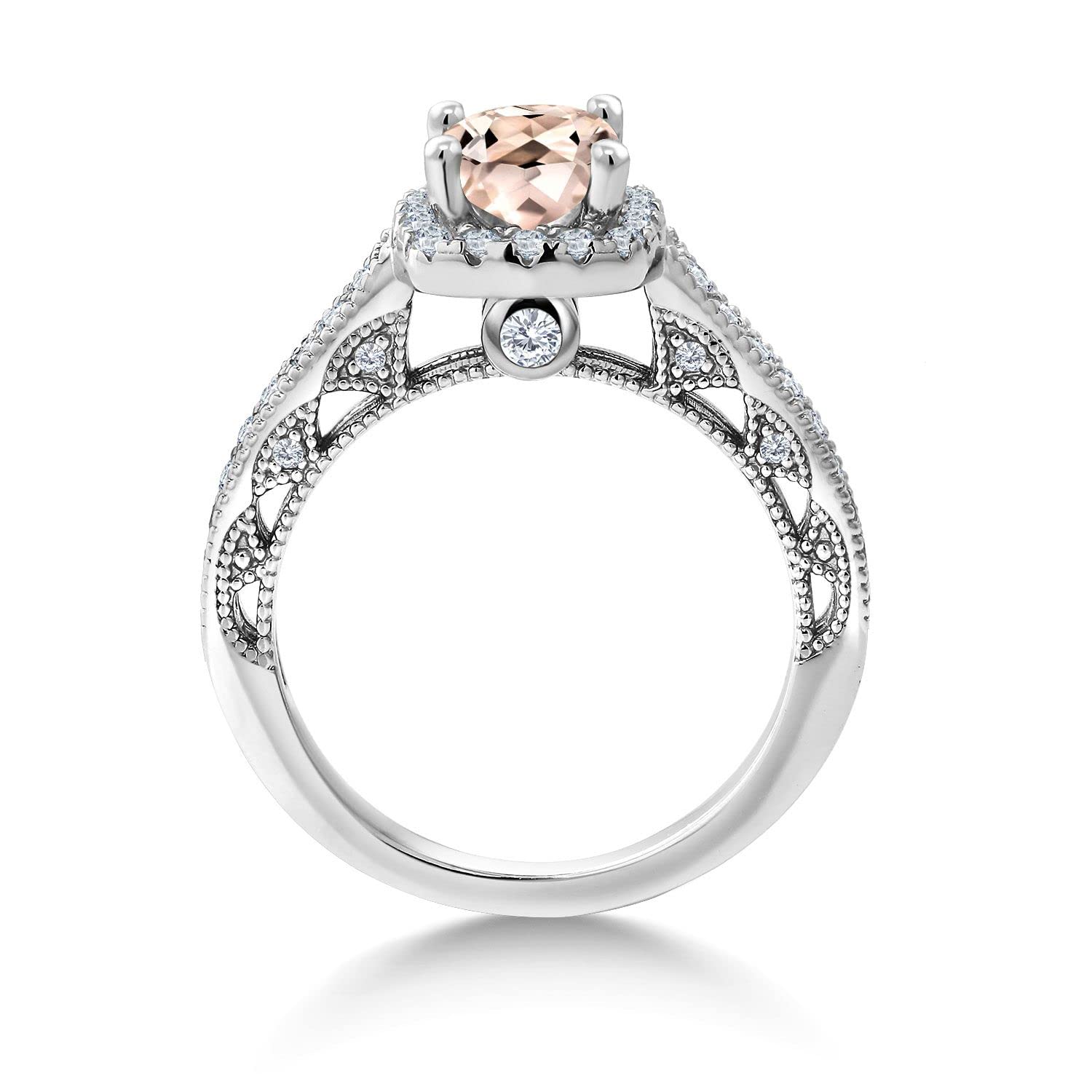 Gem Stone King 925 Sterling Silver Peach Morganite and White Created Sapphire Women Ring (1.40 Cttw, Cushion 6MM, Available in size 5, 6, 7, 8, 9)