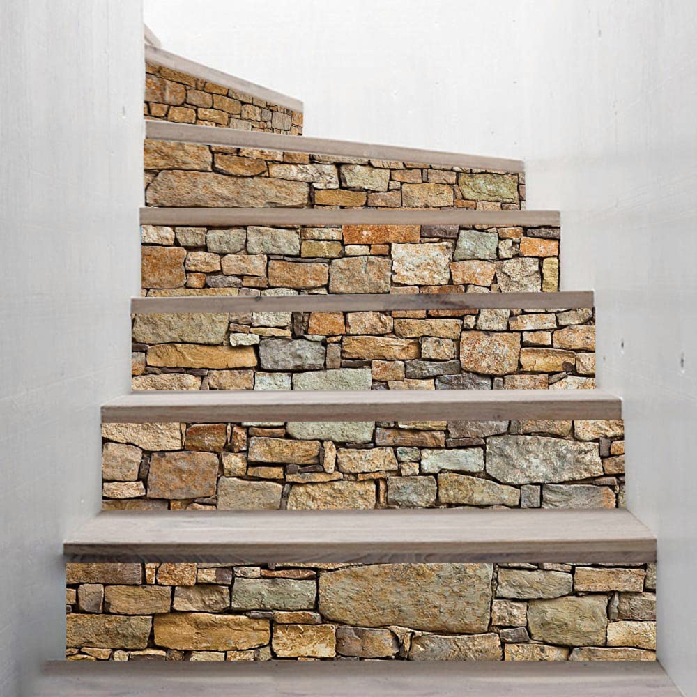 TUOKING 13 Strips Stair Stickers, Vinyl Self-Adhesive Refurbished Staircase Decals, 39.37 x 7.08 Inch for 13 Steps, Stone Pattern