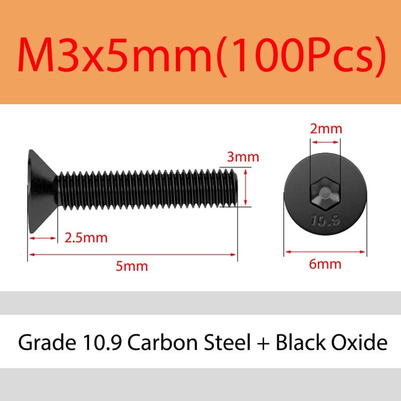 MOOPW Countersunk Bolts - Grade 10.9 Carbon Steel Hex Socket Cap Screw Flat Head Allen Bolts Machine Screws Fasteners M3 M4 M5 M6