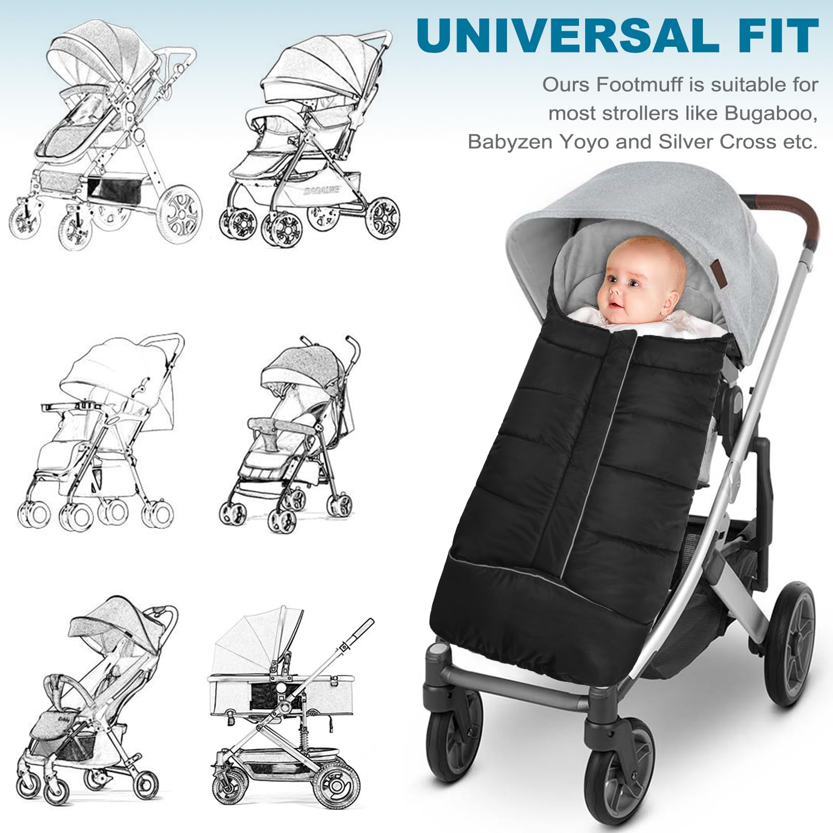 mopfay Universal Winter Warm Stroller Footmuff,Baby Stroller Bunting Bags with Adjustable Drawstring Hood,Waterproof/Windproof Soft Fleece Lined Stroller Sleeping Bag for Strollers,Pushchairs,Prams