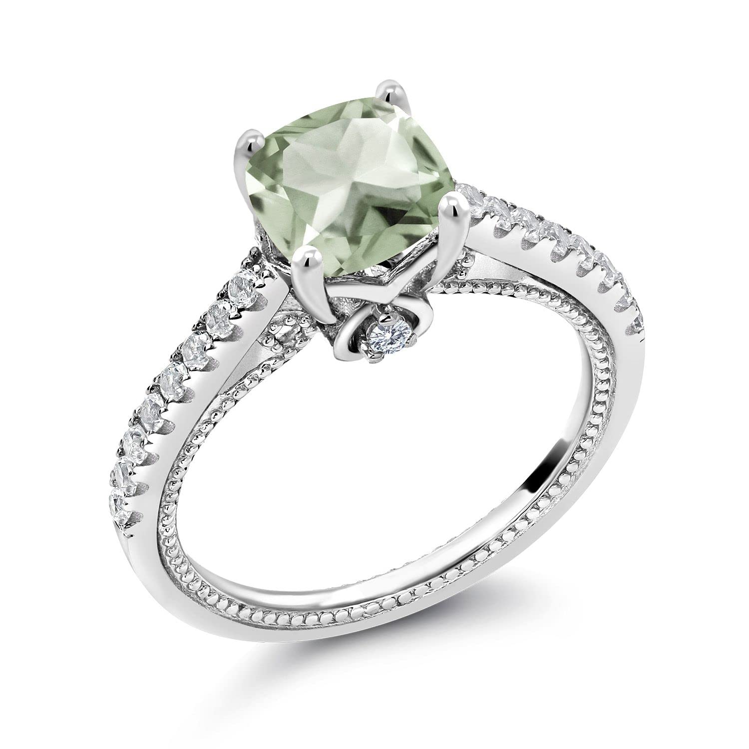 Gem Stone King 925 Sterling Silver Cushion 7MM Gemstone Birthstone and White Created Sapphire Engagement Ring | Wedding Engagement Anniversary Promise Ring For Women