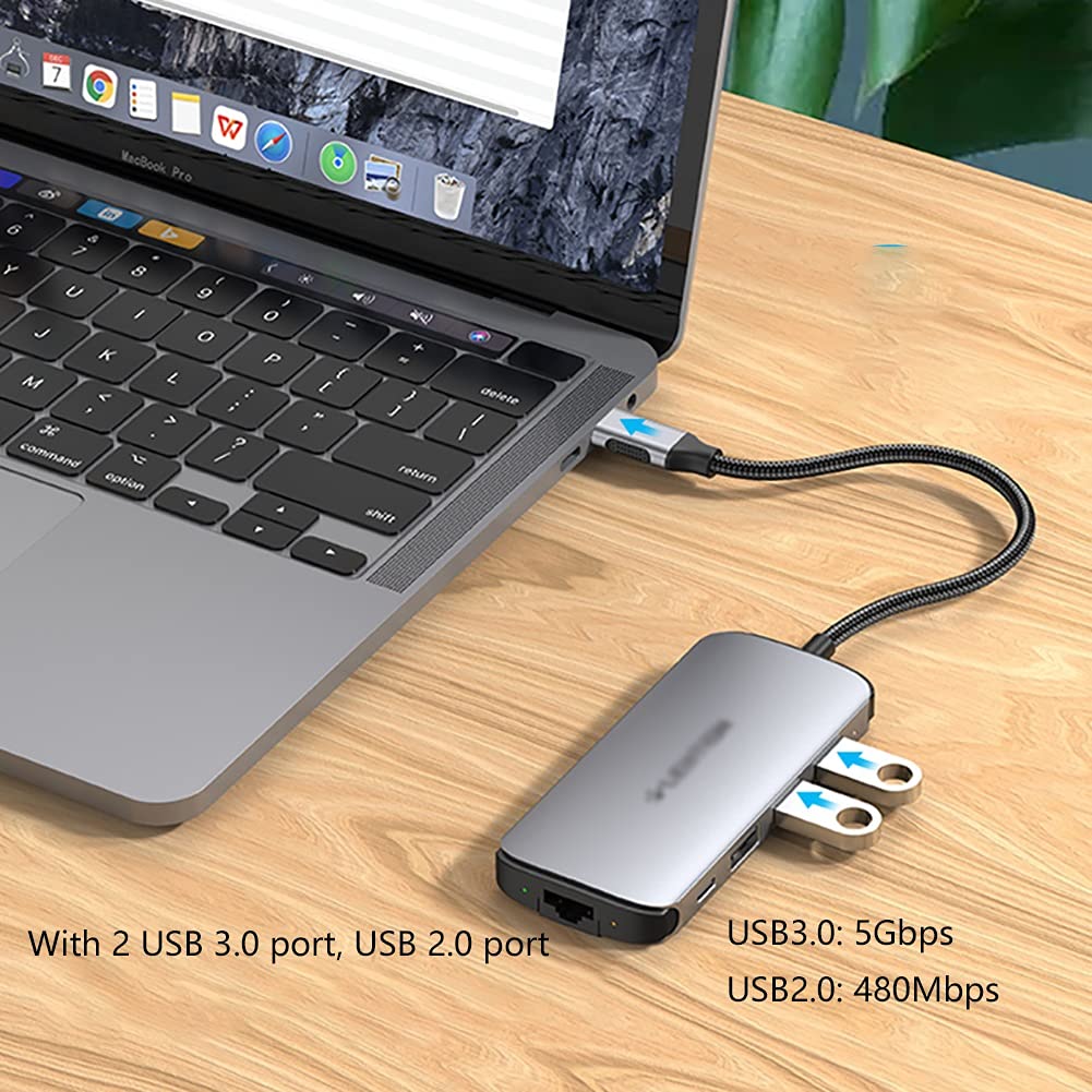 Hub Dock Adapter USB C Dock 8-in-1 Type C Hub Adapter Docking Station with Ethernet, 4K HDMI, 2 USB 3.0, USB 2.0, SD/TF Card Reader, PD 60W Computer Accessories