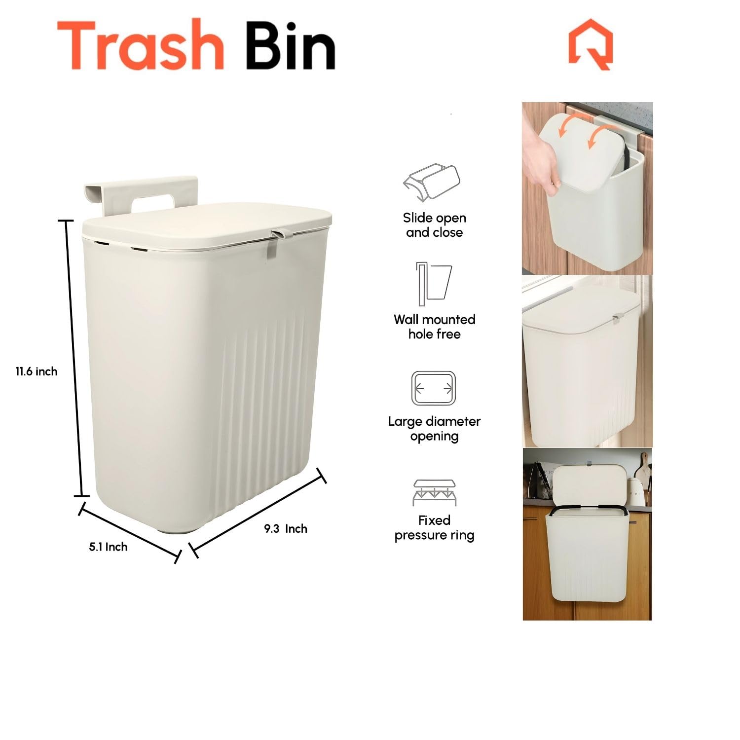 QUALIKUS 2.4G Kitchen Trash Bin for Counter Top or Under Sink, Hanging Small Trash Can with Lid for Bathroom/Bedroom/Office/Camping, Dorm Room, Garage (Off White)