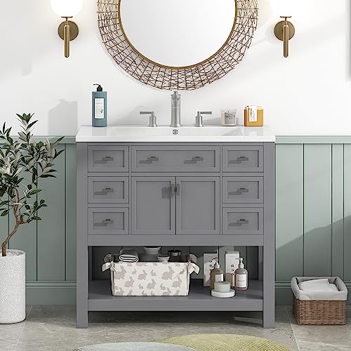 Merax 36" Bathroom Vanity with Sink Combo, Modern Wood Fixture Stand Storage Cabinet Set W/2 Soft Closing Doors and 6 Drawers, Grey