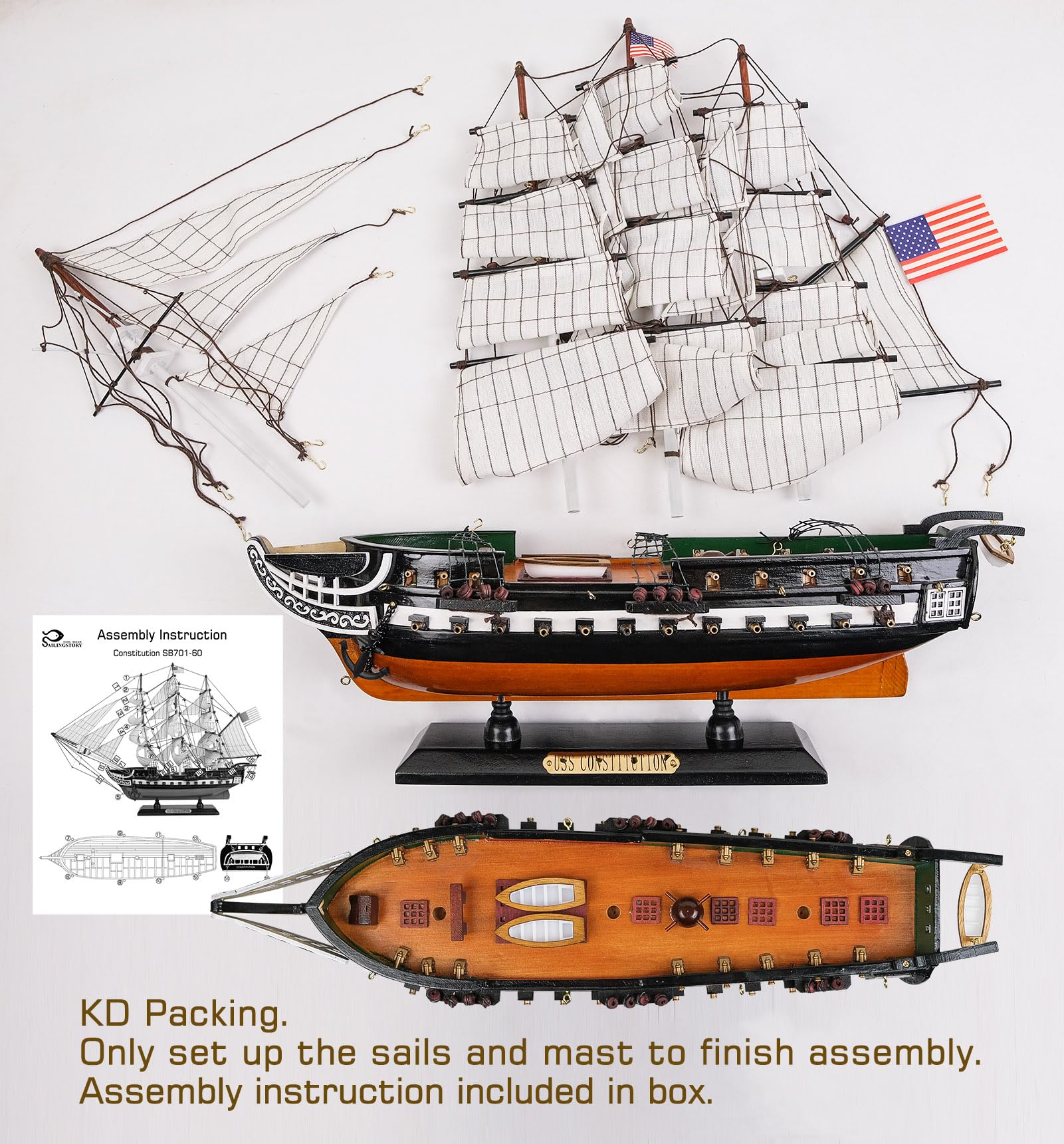 SAILINGSTORY Wooden Model Ship USS Constitution 1/150 Scale Replica Frigate Sailing Warship Model Sailboat Decor