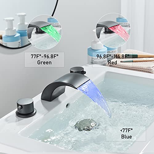 Oulantron ORB Waterfall Bathroom Faucet Widespread for Sink, Bathroom Basin Sink Faucet LED with Changing, 3 Holes 2 Handle Basin Mixer Tap Solid Brass Vanity Bathroom Sink Faucet