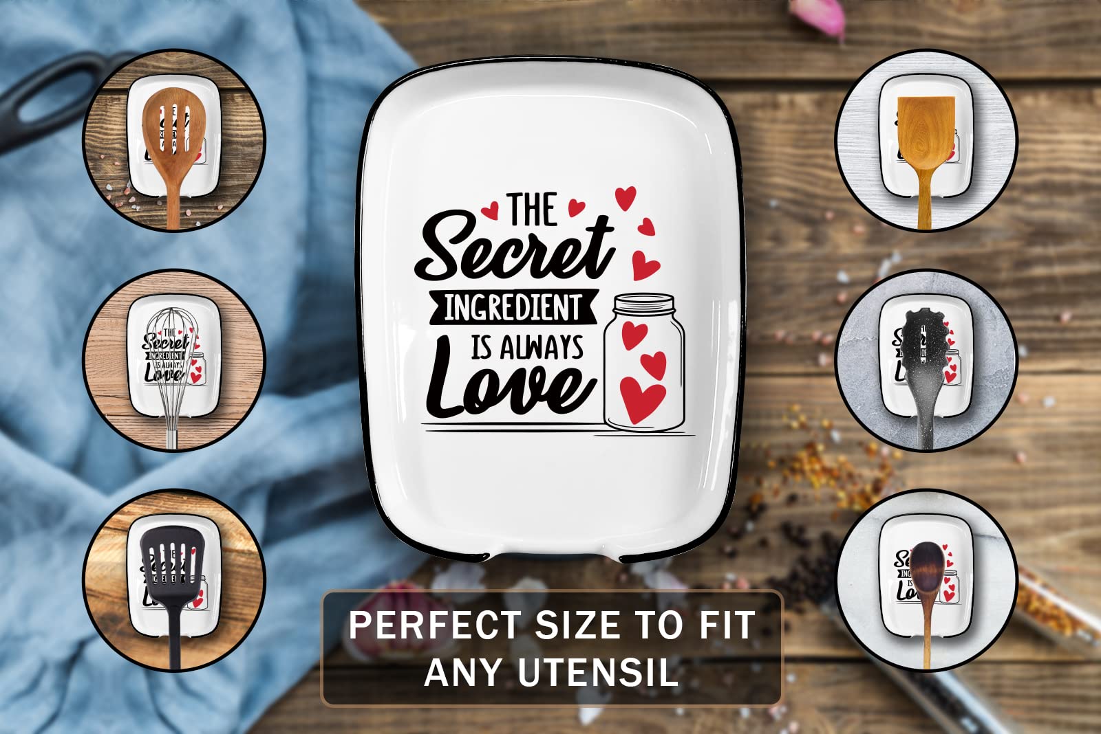 Hvukeke Ceramic Spoon Rest for Kitchen Stove Top Counter, Funny The Secret Ingredient Is Always Love White Spoon Holders for Chef, Mom, Grandma Cute Kitchen Gift