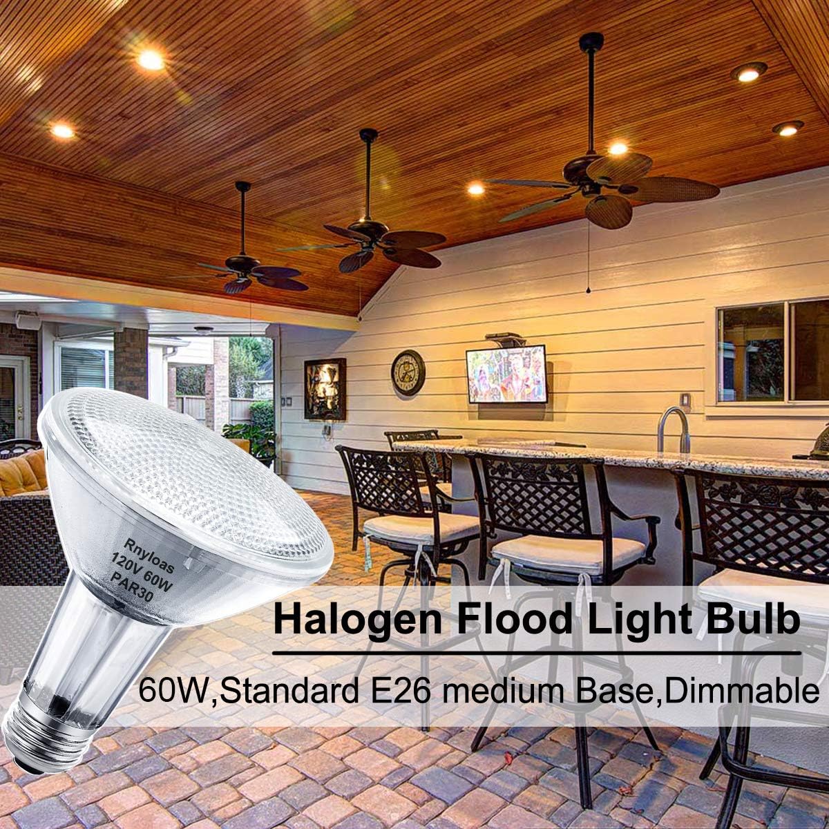 Rnyloas PAR30 Long Neck, 6PCS PAR30 60W 120V Flood Dimmable, PAR30 Halogen Bulb Long Lasting Lifetime with E26 Medium Base, PAR30 Flood Light High Brightness & CRI100 for Recessed Lighting