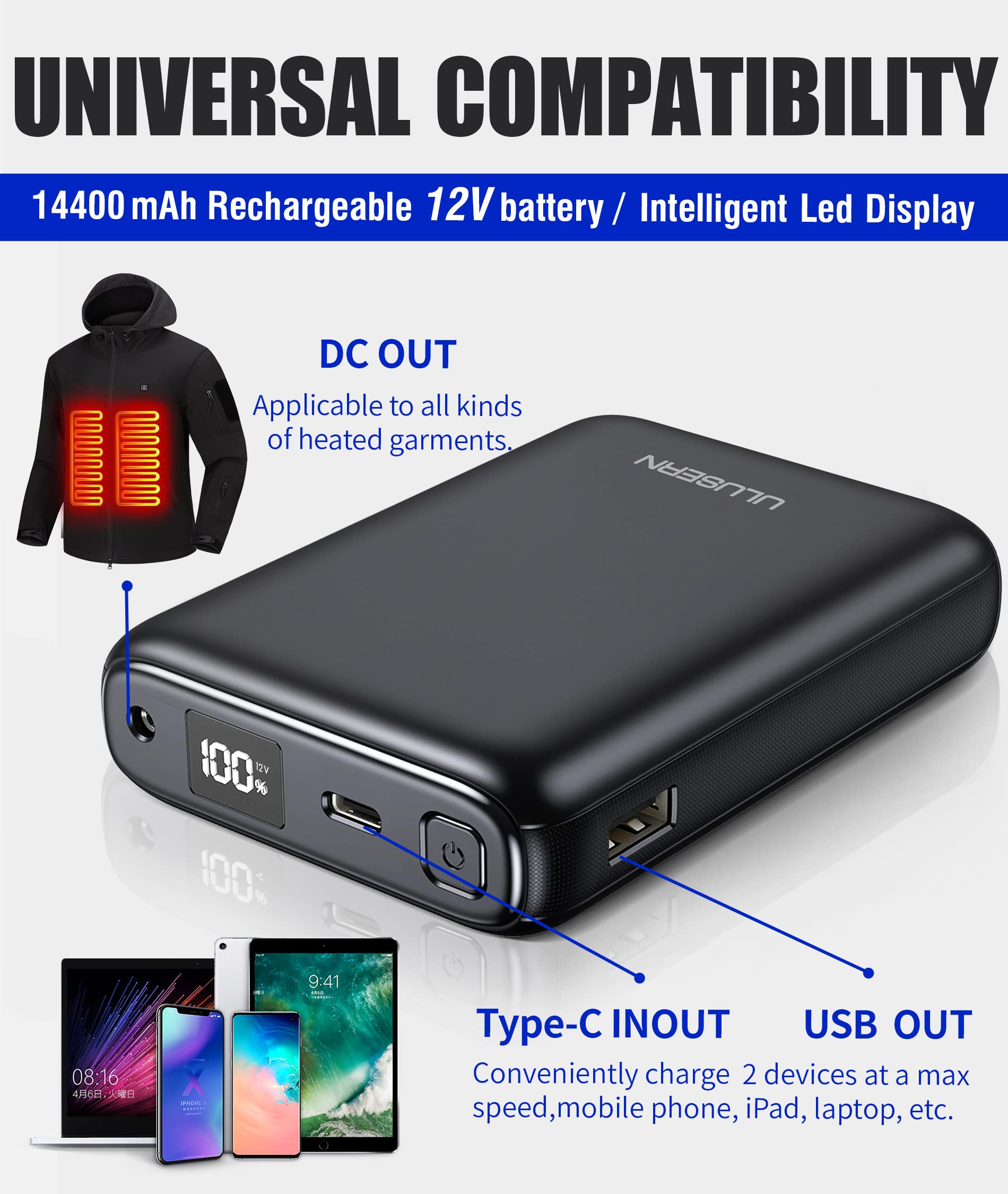 ULUSERN Rechargeable Battery/Power Bank 12v 14400mAh for Heated Jackets, Heated Hoodies and Heated Vests,DC Port Diameter : 4mm