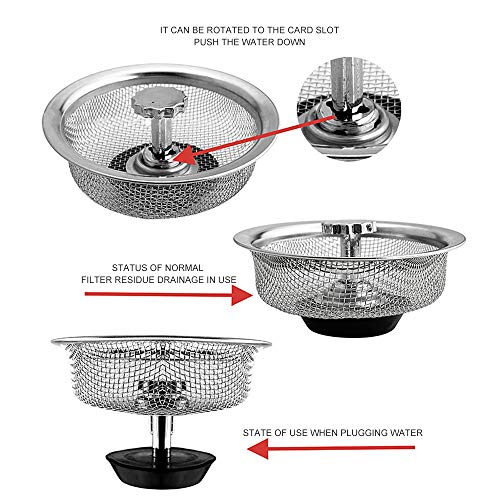 Kitchen Sink Strainer with Handle and Stopper Replacement Kitchen Sink Drain Basket/Stopper/Plug 3.3 Inch Stainless Steel Kitchen Sink Drain Strainer Mesh Sifter Filter(Silver)