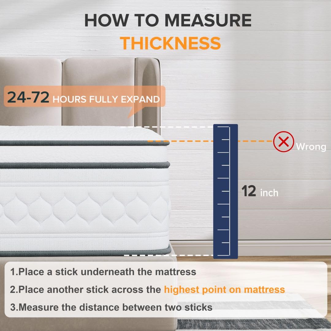 TXO Queen Mattress, 12 Inch Medium Firm Hybrid Queen Mattress with Pocketed Springs and Gel Memory Foam, Sufficient& Even Support, Enhance Edge Support, Motion Isolation, Queen Mattress in a Box