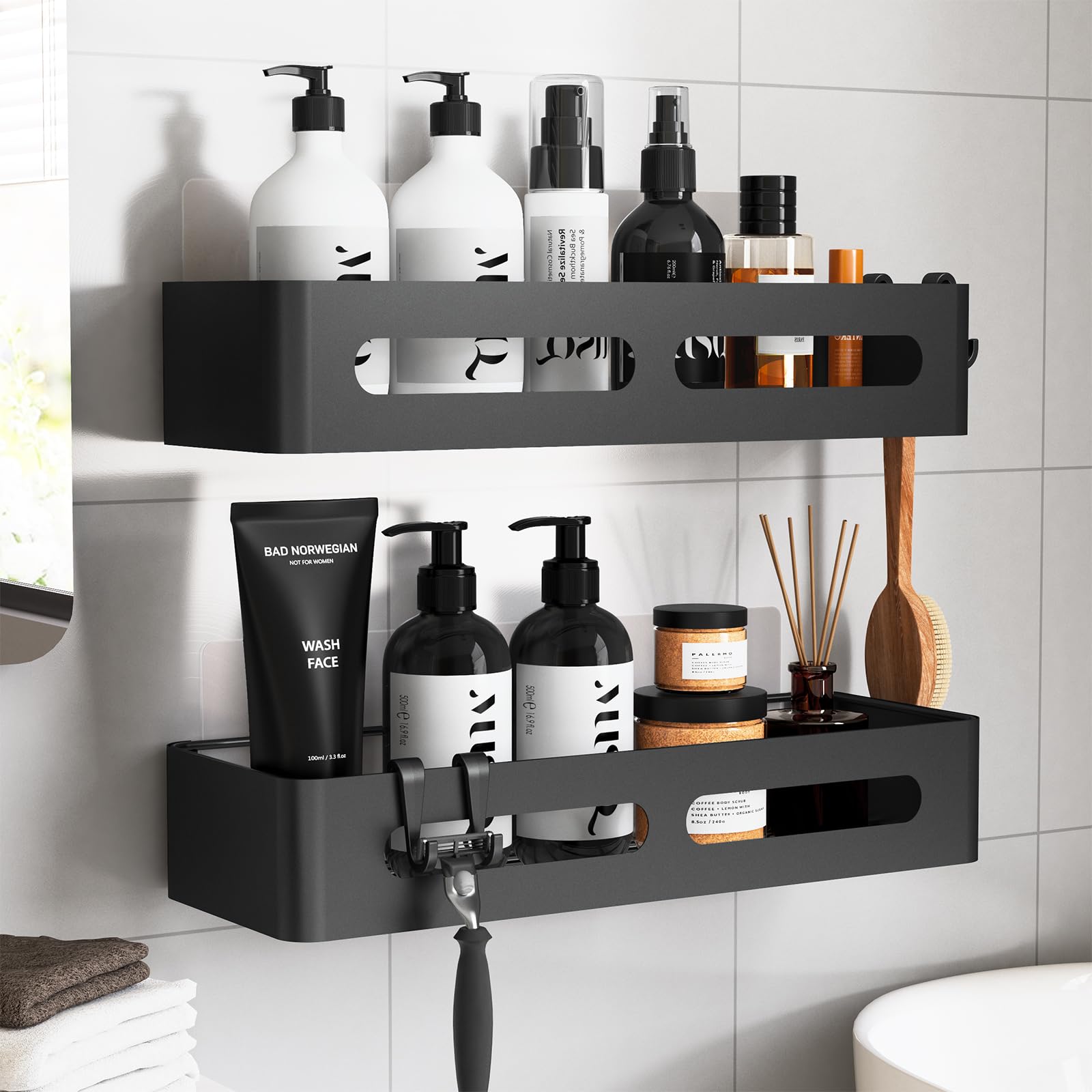 Sakugi Shower Caddy - X-Large Adhesive Shower Organizer, Rustproof Shower Shelves for inside Shower, Stainless Steel Shower Rack for Bathroom, Home Decor, No Drill, Black, 2 Pack