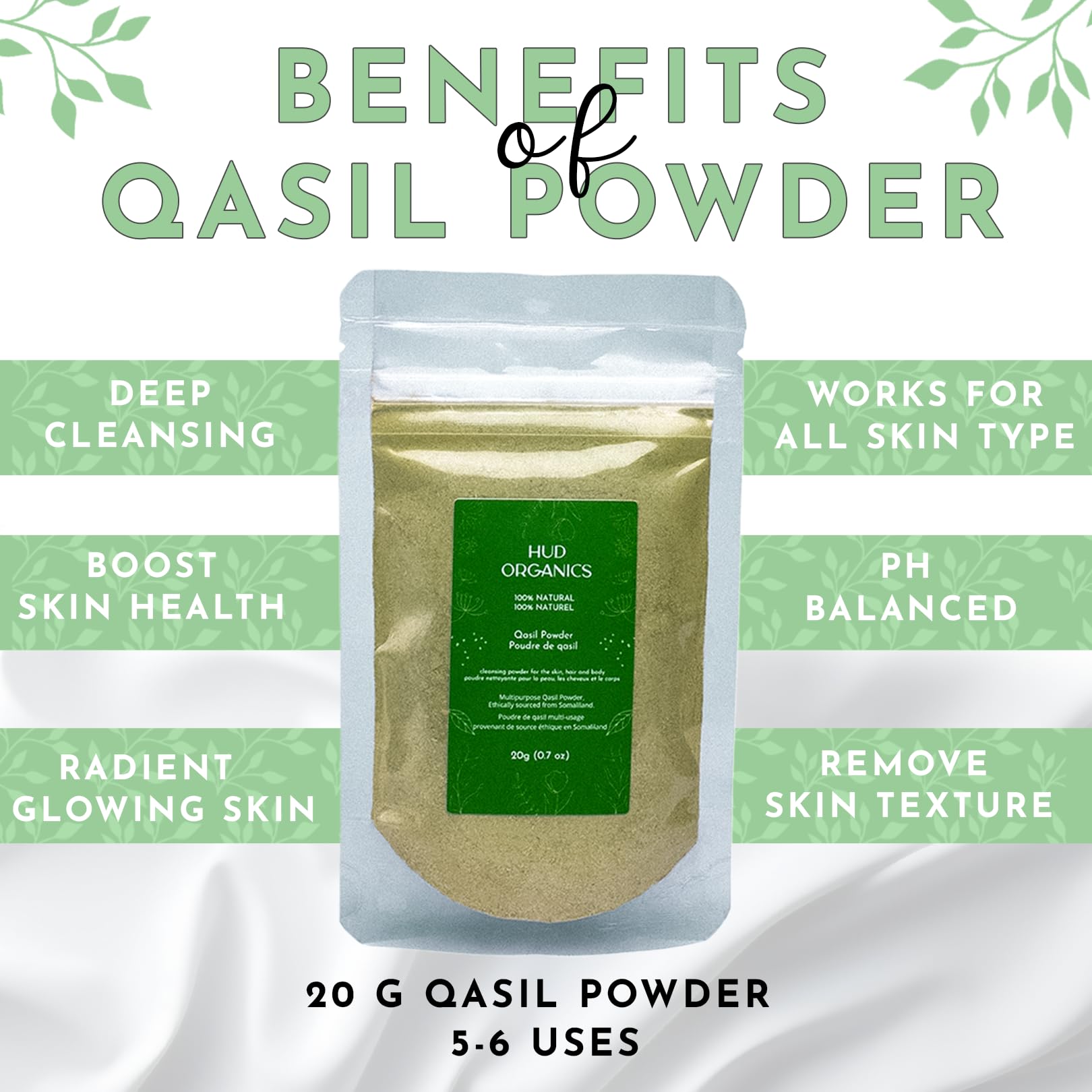 Hud Organics Qasil Powder Natural Face Wash Only 1 ingredient Deep Cleansing and Hydrating, 20g