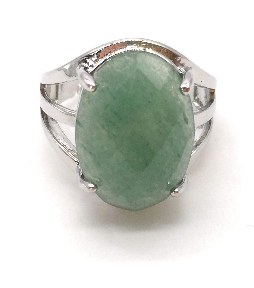 Faceted Oval Round Shape Natural Stone Adjustable Ring for Women Gemstones Healing Crystal Jewelry Wedding Engagement Anniversary Birthday Gift (Oval Shape Green Aventurine)