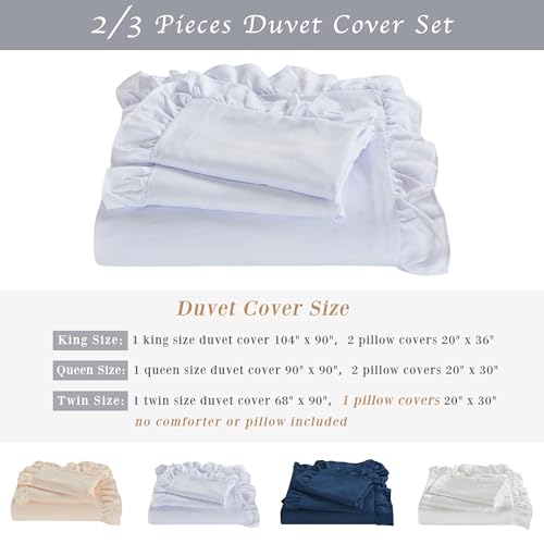 Tyfitb 100% Washed Cotton Duvet Cover Set, 3 Pieces Linen Feel Textured Soft Comfortable Breathable Bedding Set with Button Closure and Ruffled Fringe for All Season, Solid White, King, No Comforter