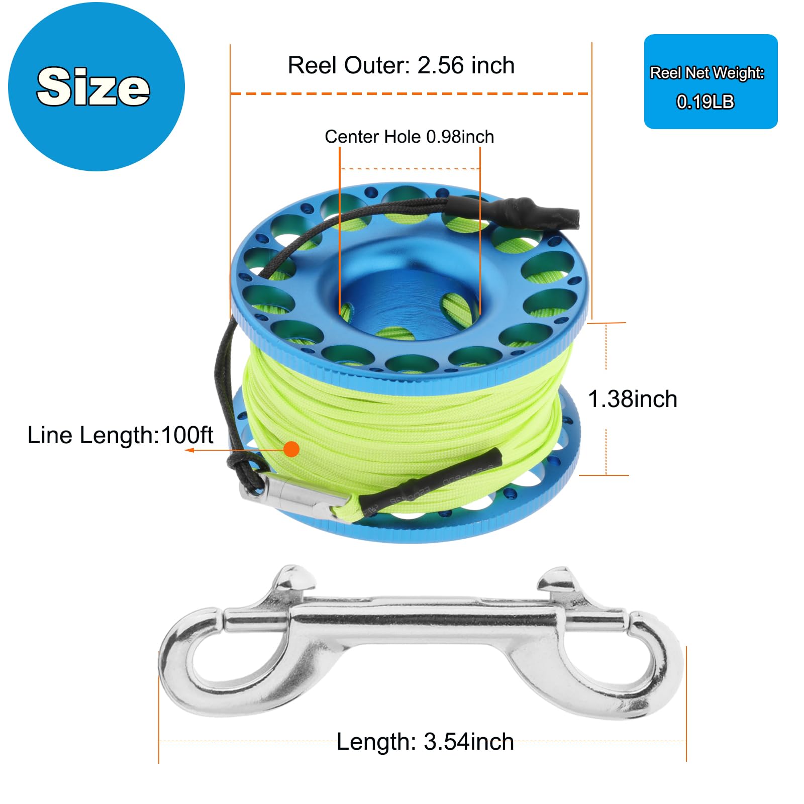 Finger Reel Diving, Aluminum Scuba Gear with 98FT High Visibility Line with Double-Ended Bolt Snap Clip for Scuba Diving Underwater Spearfishing Lightweight & Corrosion-Resistant, Blue