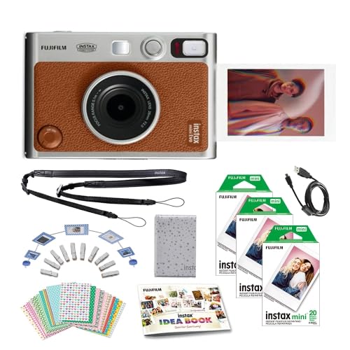 FUJIFILM INSTAX Mini EVO Hybrid Instant Camera | Brown Bundle with Fujifilm Instax Mini Instant Film | 60 Exposures + Microfiber Cleaning Cloth + Mini Teachers Accessories Bundle (4 Items)