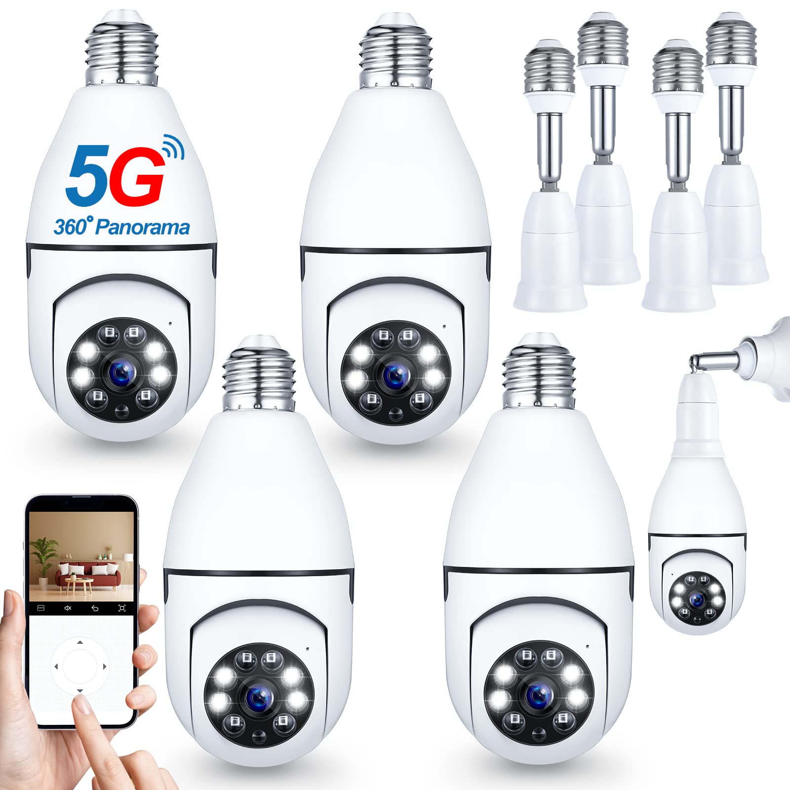Fabbay 1080P Light Bulb Security Camera Compatible with WiFi 5G and 2.4GHz 360 Panoramic Camera Outdoor Wireless Camera with E27 Socket Extender Night Vision Two Way Audio Motion Detection (4 Pcs)