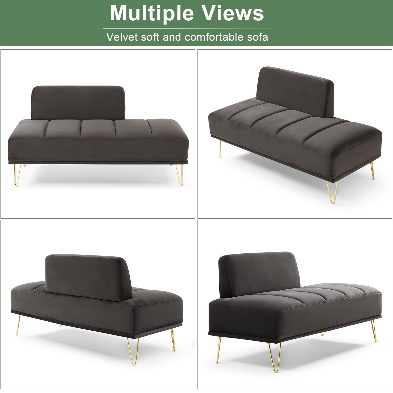 Vanress Modern Loveseat Sofa Couch,Velvet Sofa Settee,Upholstered Couch Bench with Gold Legs,Armless for Living Room, Bedroom, Apartment Small Spaces (56.23" Grey)