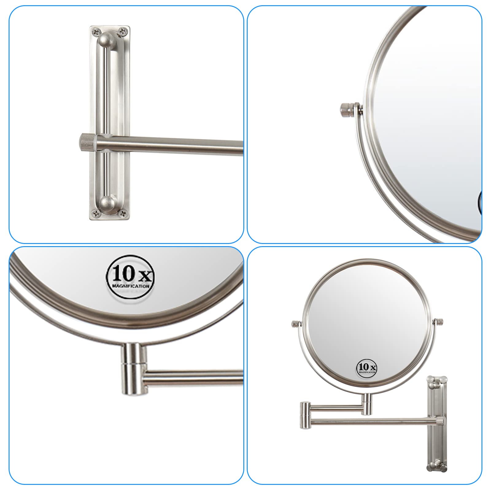 Keilefo Wall Mounted Makeup Mirror 10 Times Magnifying Mirror can Move up and Down 8 inch,Bathroom Double-Sided Vanity Mirror 360 Degree Rotating Telescopic Folding Without Dead Ends (Nickel)