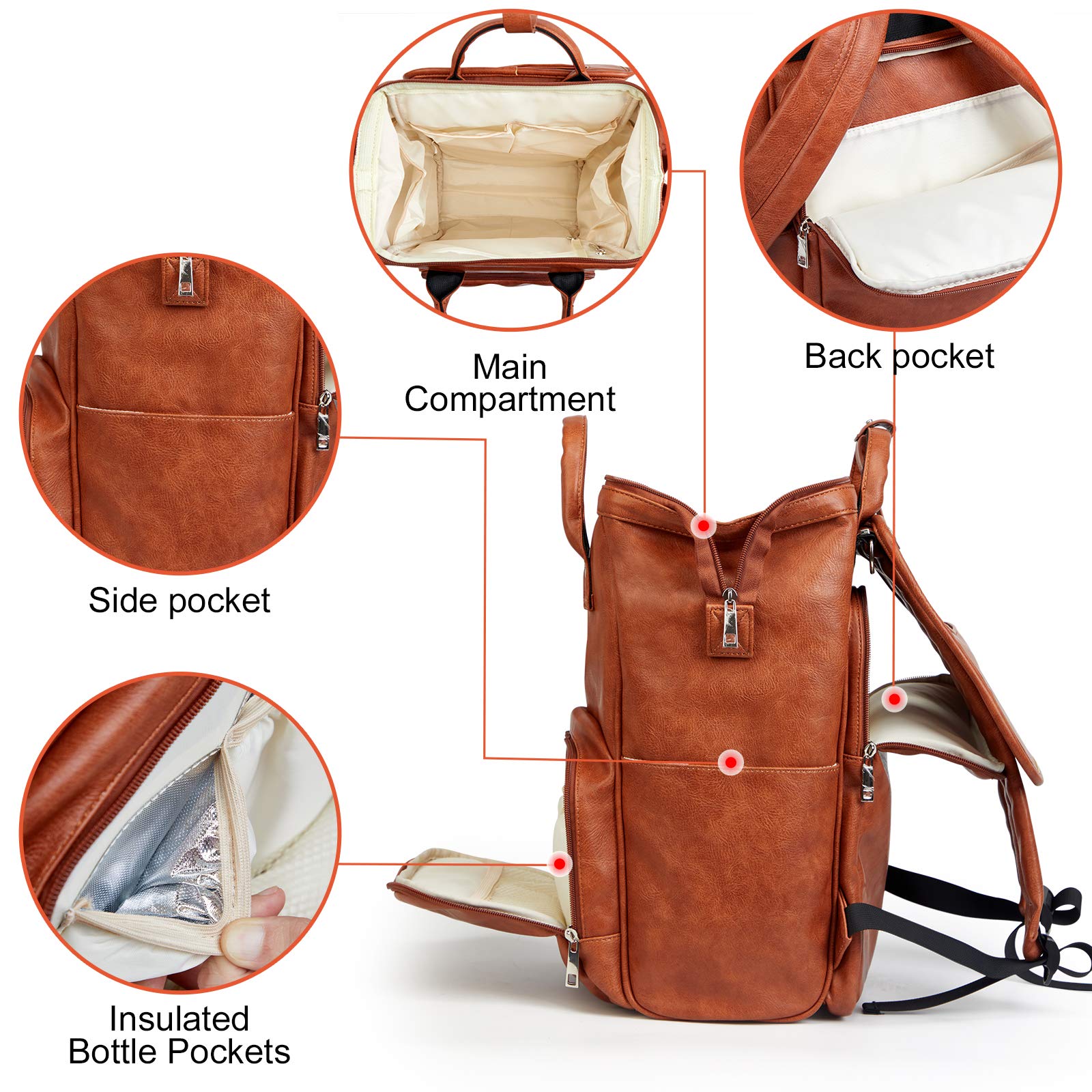 HAHASOLE Leather Diaper Bag Backpack with Changing Mat Travel Backpack Waterproof&Insulated Large Nappy Bag Stroller Straps, Brown B, 13.8x8x18 Inch (Pack of 1), Travel Backpacks