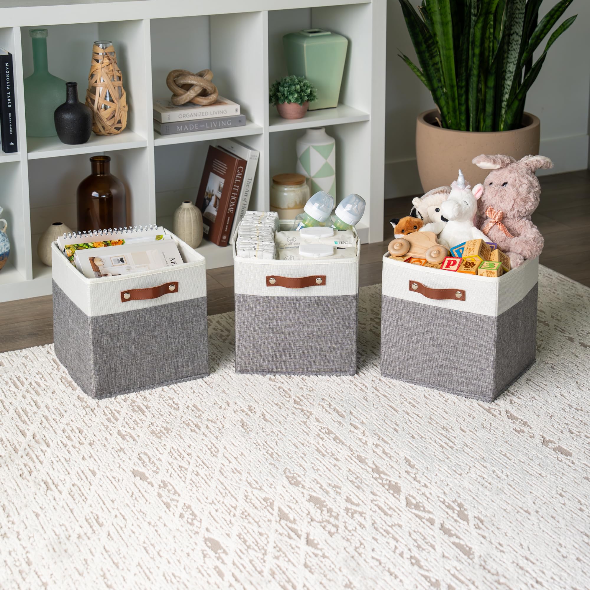OrganiHaus 11 Inch Cube Storage Bin set of 4, Fabric Storage Bins, Cube Storage Organizer Bins, Cubby Bins w/ Vegan Handles, Kallax Organizer Storage Cube Basket, Square Storage Cubes - Grey/White