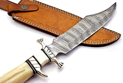 Hadi Enterprises-15" Handmade Damascus Hunting Knife with Leather Sheath - Ideal for Skinning, Camping, Outdoor -Fixed Blade Bushcraft Knife with Bone Handle-(BN-001)