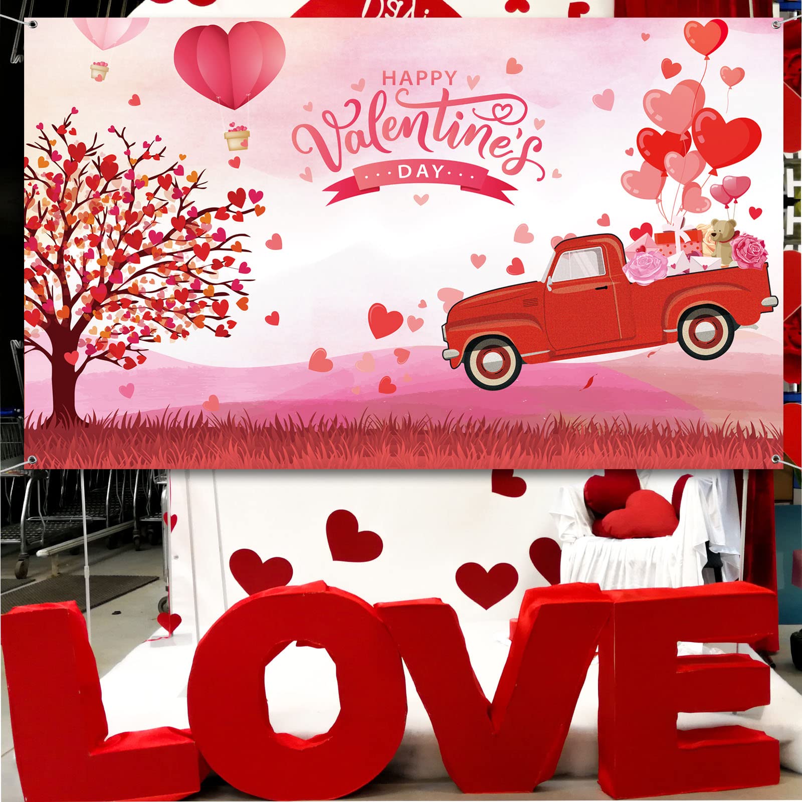 Valentine's Day Backdrop Valentine Backdrop Background for Photography Happy Valentine's Day Backdrop Banner Photo Booth Props Red Heart Backdrop for Mother's Valentine's Day Decoration (Truck)