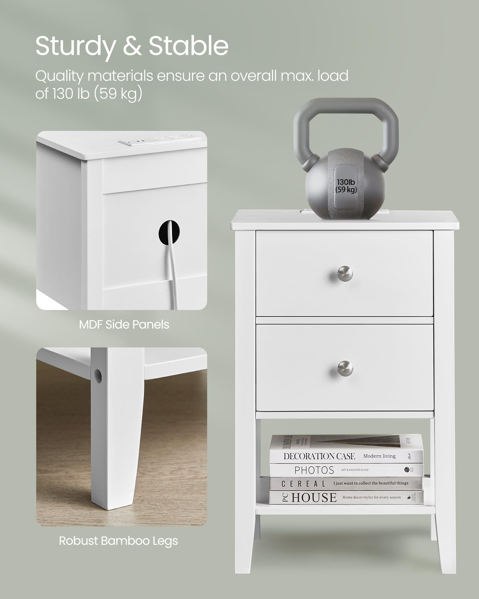 VASAGLE Bamboo Nightstand with Charging Station, Side End Table with 2 Drawers, Open Storage Shelf, Bedside Table, 2 USB Ports, 2 AC Outlets, Modern, for Bedroom, Cloud White ULET623W01V1