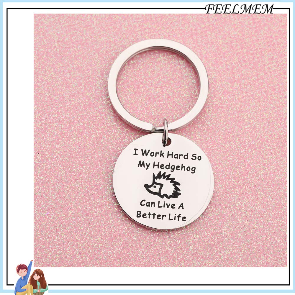 FEELMEM Hedgehog Keychain Hedgehog Lover Gift I Work Hard So My Hedgehog Can Live A Better Life Keychain for Hedgehog Lovers Hog Mom Crazy Hedgehog Lady Gift (silver)