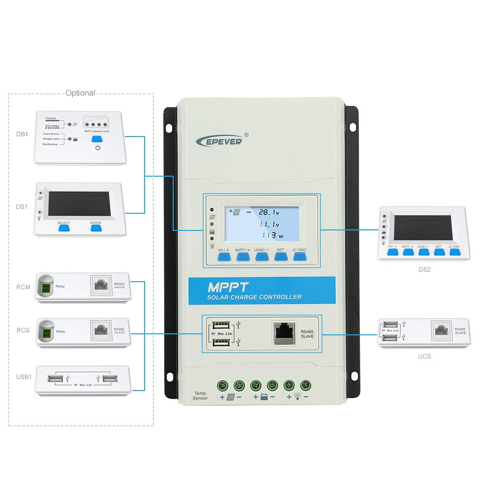 EPEVER mppt 30a Solar Charge Controller+MT50 Remote Controller kit, 12V 24V System Voltage Negative Ground Remote Control with TS-R RS485 Lead-Acid&Lithium Support