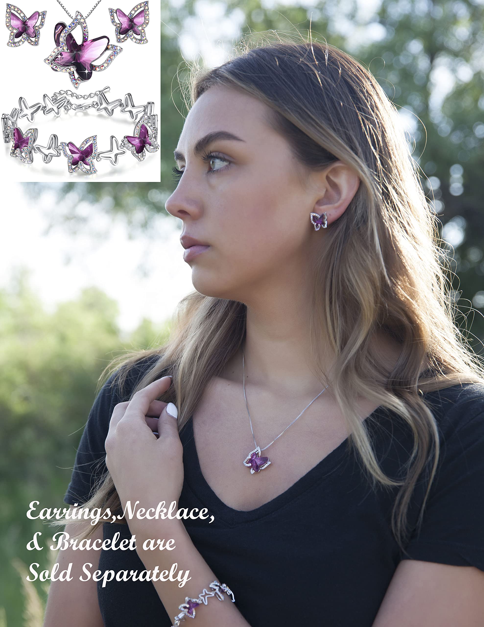 GEMMANCE Butterfly Link Charm Bracelet with Amethyst Pink Birthstone Crystal for February, Silver-Tone, 18”+2”Chain