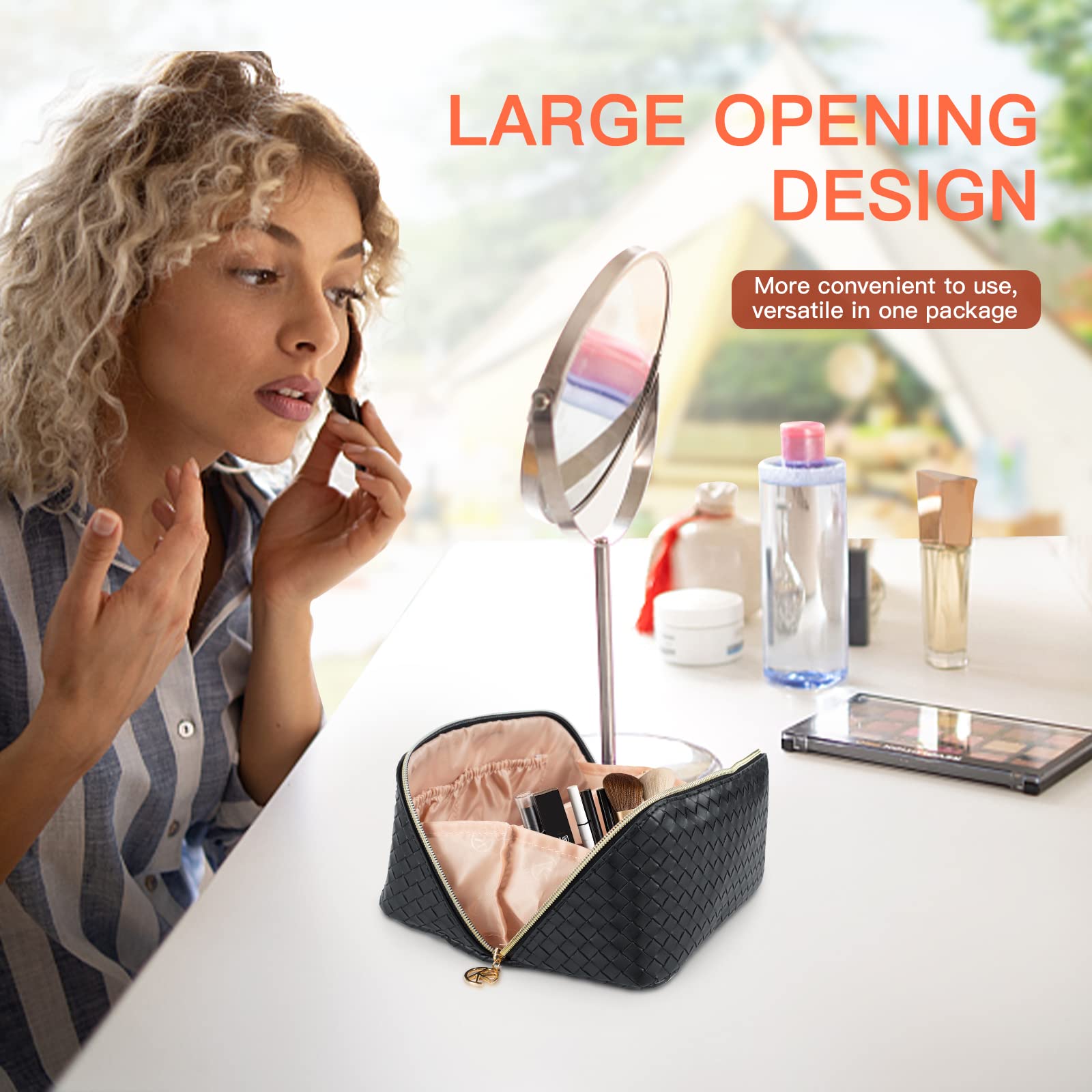 KekeInt'l Cosmetic Bags Portable Makeup Bag Opens Flat for Easy Access,Multifunctional Storage Makeup Bag for Woman (black)