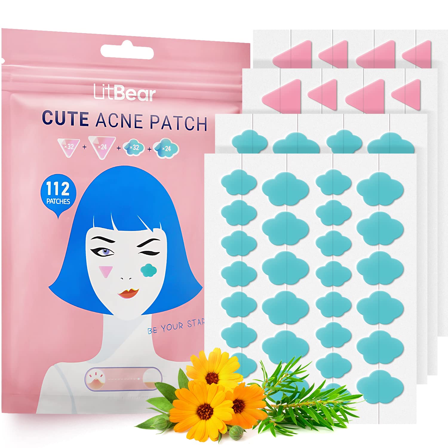 LitBear Acne Patch Pimple Patch, Cloud & Triangle Shaped Acne Absorbing Cover Patch, Hydrocolloid Acne Patches For Face Zit Patch Acne Dots, Tea Tree Oil + Centella, 112 Patches, 14mm & 10mm