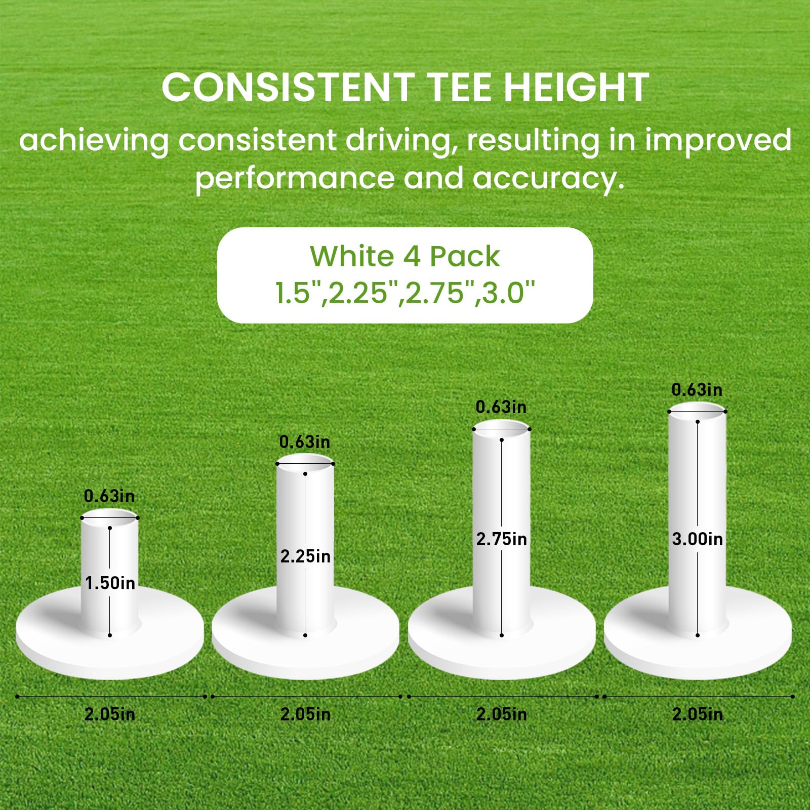 FINGER TEN Golf Rubber Tees Driving Range Value 3/4 Pack, Mixed or Same Size 1.5’’ 2.25’’ 2.75’’ 3’’ for Practice Mat (4 Pack(1.5,2.25,2.75,3)-White)