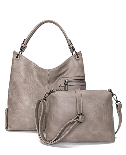 FADEON Leather Hobo Bags for Women Large Zipper Shoulder Purses Designer light Handbags Sets with Organizer … (Dark Grey)